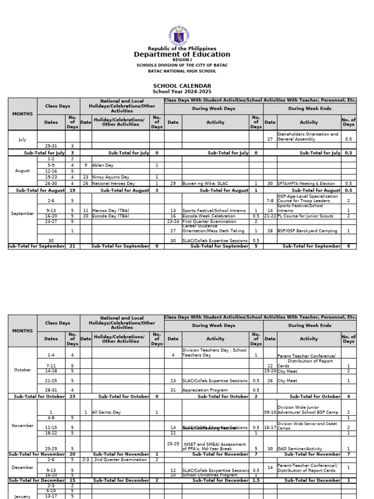 Approved School Calendar of Activities 2024 2025 | PDF