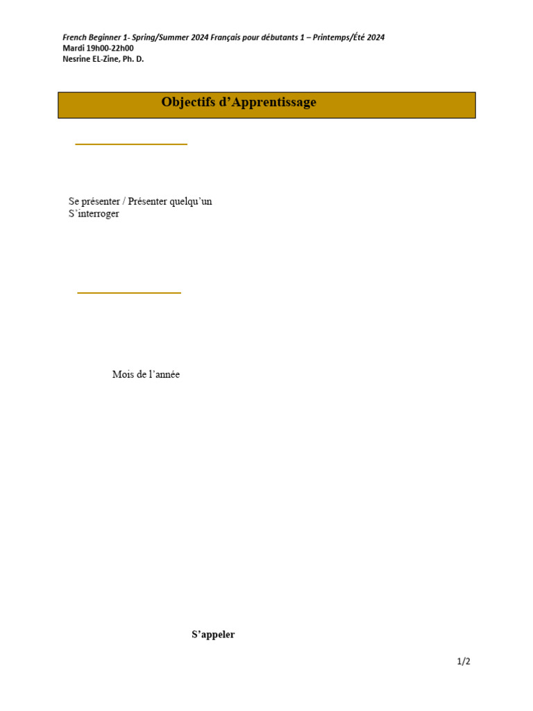Objectifs D'apprentissage - French Beginner 1 Spring-Summer 2024 | PDF