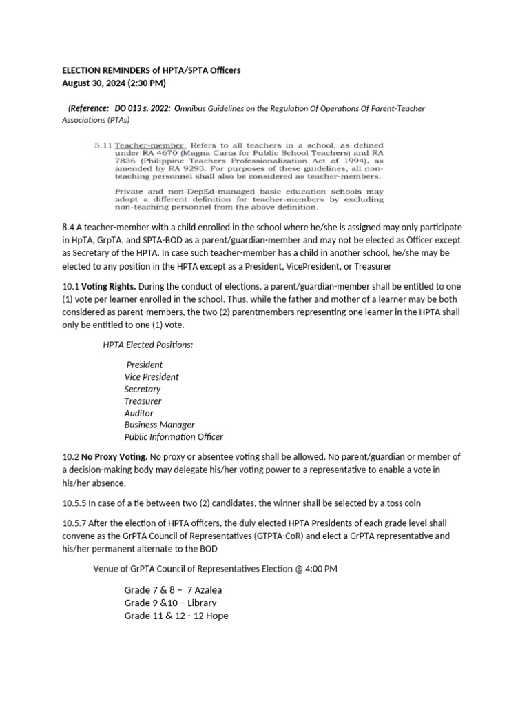 Spta - Hpta Election Reminders | PDF