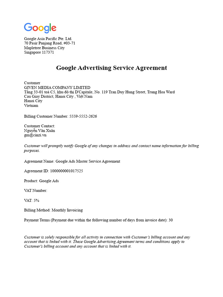Google Advertising Service Agreement | PDF