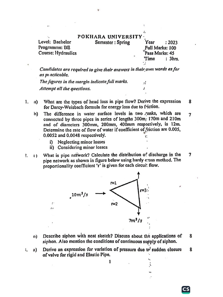 Hydraulics Old Question | PDF