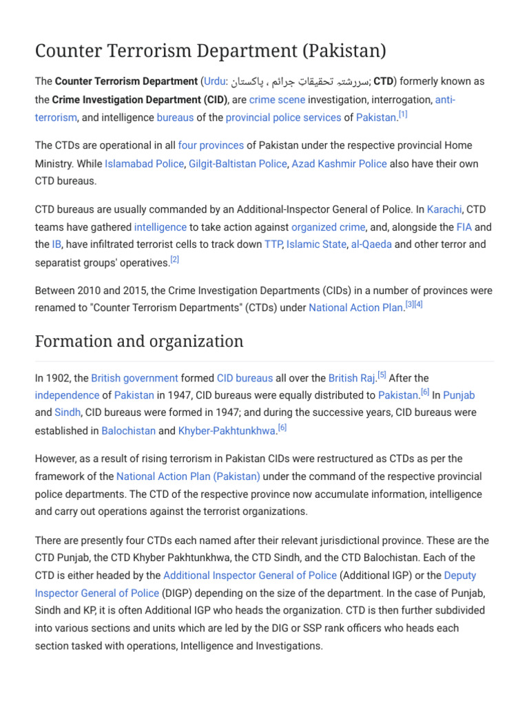 Counter Terrorism Department (Pakistan) - Wikipedia | PDF