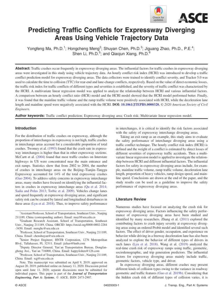 Predicting Traffic Conflicts For Expressway Diverging Areas Using Vehicle - Ma Et Al | PDF
