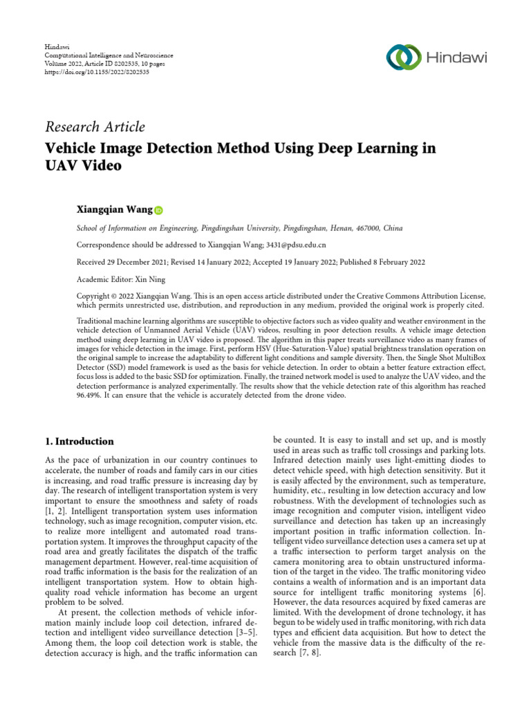 Vehicle Image Detection Method Using Deep Learning in UAV Video - Wang | PDF