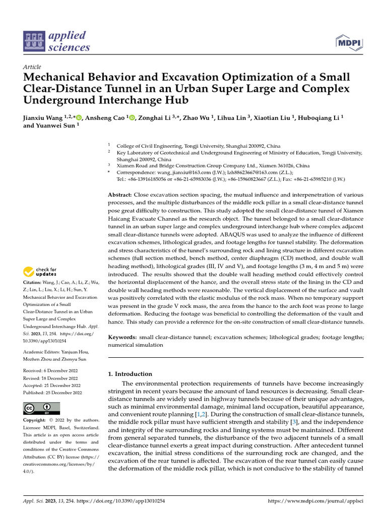 Mechanical Behavior and Excavation Optimization of A Small Clear-Distance - Wang Et Al | PDF