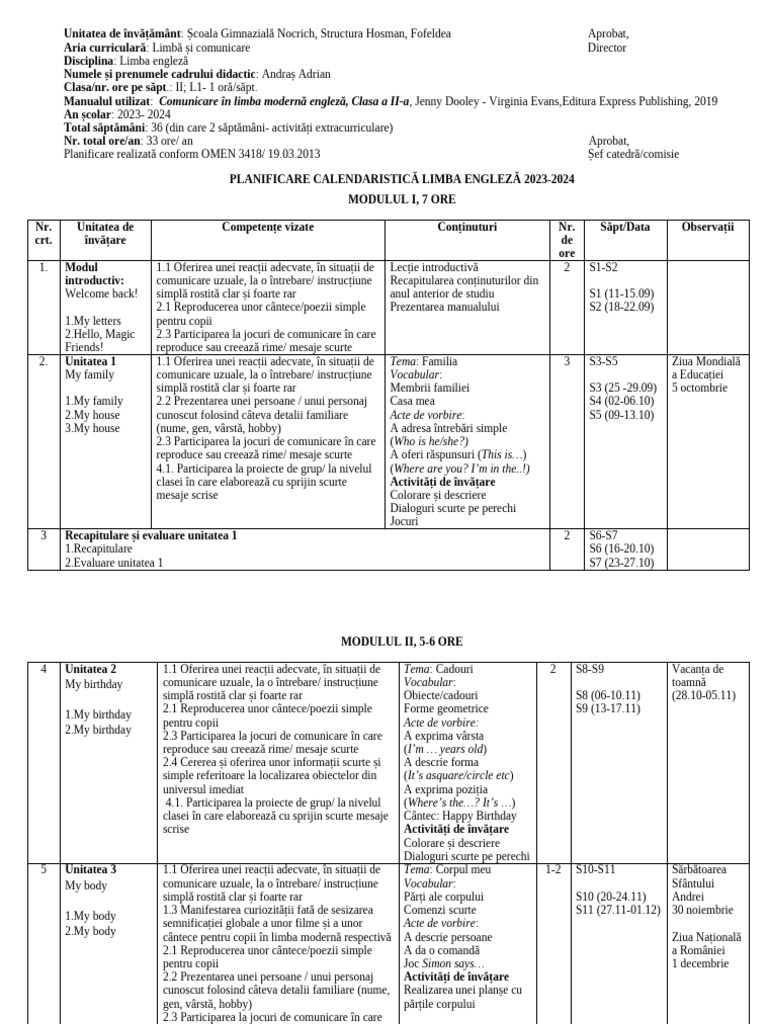 Planificare clasa II 2023-2024 | PDF