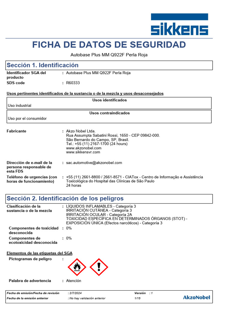 Ficha de Seguridad Autobase Plus Q922F | PDF | Agua | Respiración