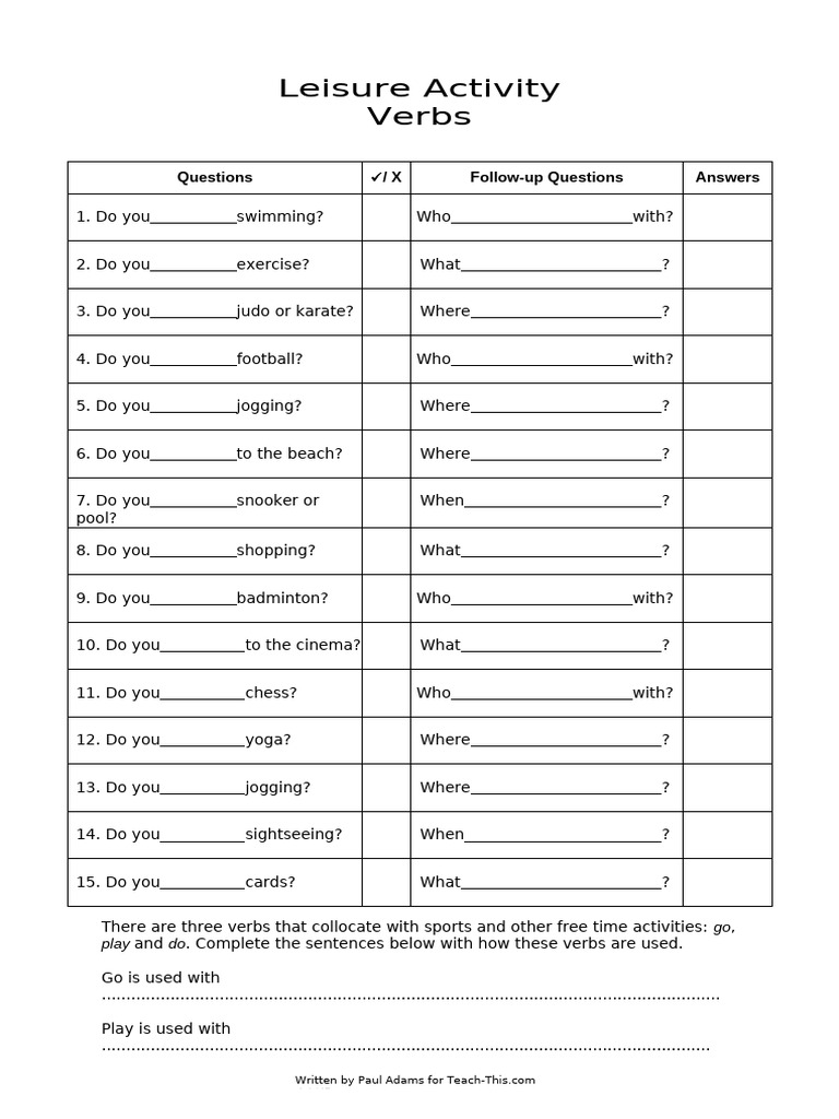 Leisure Activity Verbs | PDF