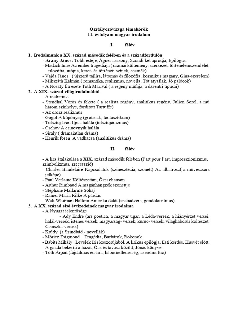 Irodalom 11. Osztályozó Vizsga Témakörök | PDF