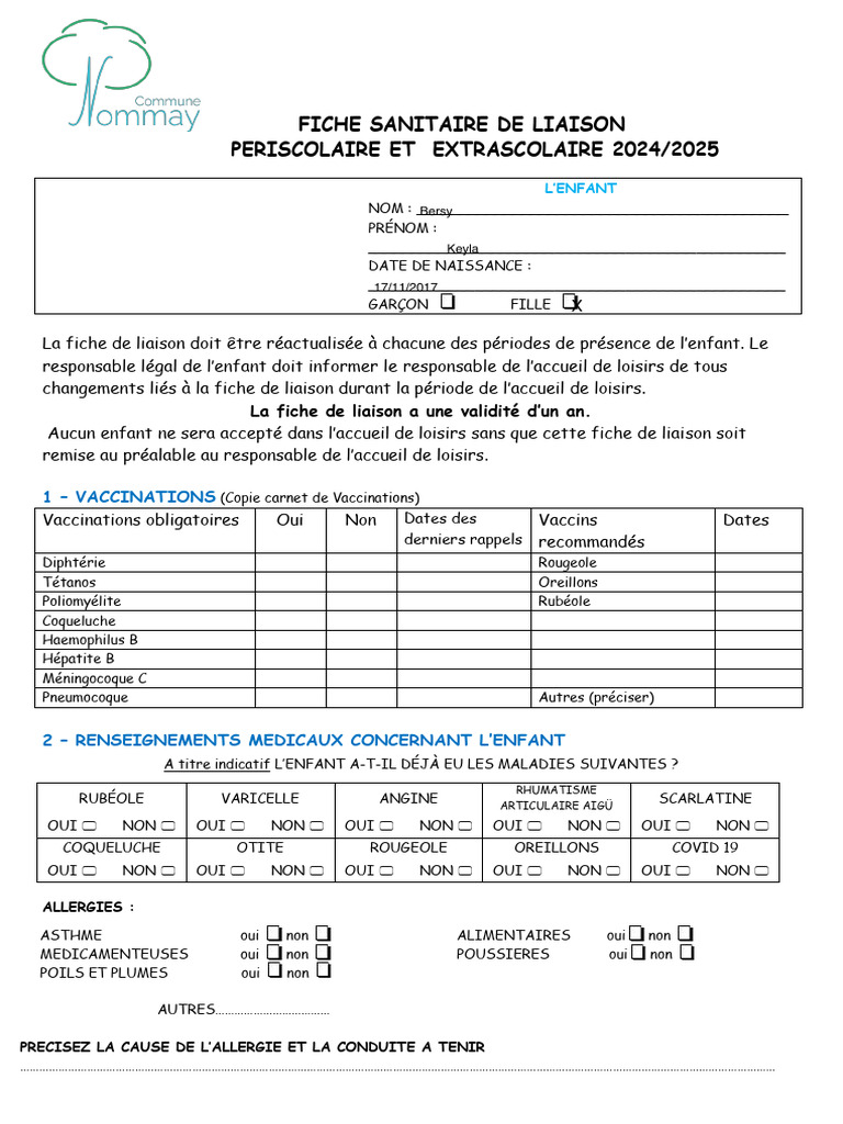 Fiche Sanitaire de Liaison24.25 | PDF