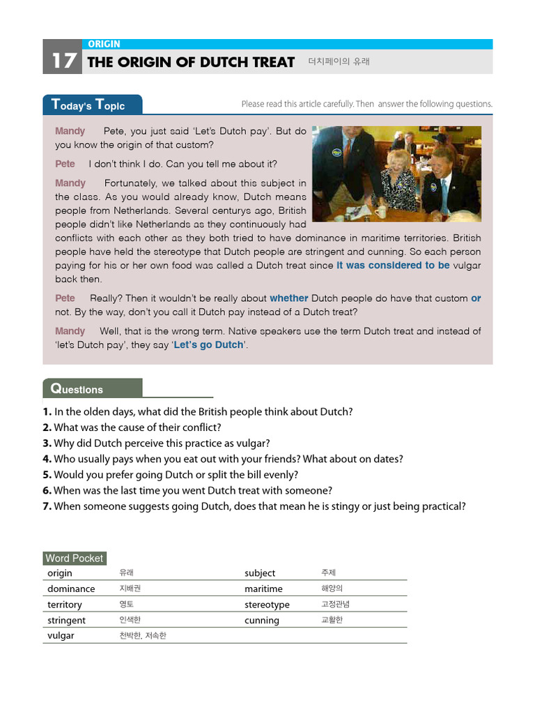 The Origin of Dutch Treat: Oday'S Opic | PDF