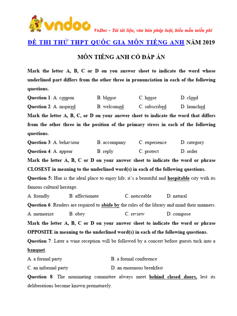 De Thi Thu THPT Quoc Gia Lan 3 Nam 2019 Mon Tieng Anh Chuyen Hung Yen | PDF