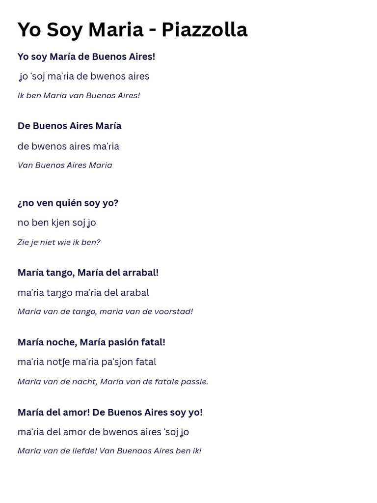 Yo Soy Maria - Piazzolla - IPA and Dutch Text | PDF