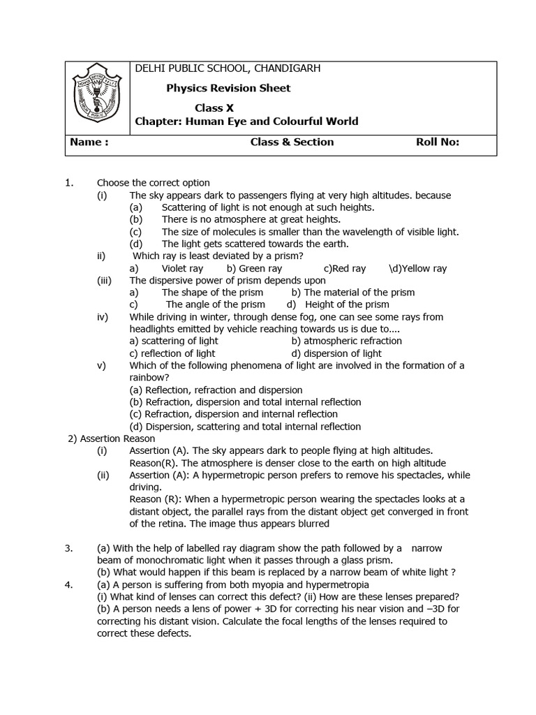 PT2 - Revision Human Eye and Colourful World-1 | PDF