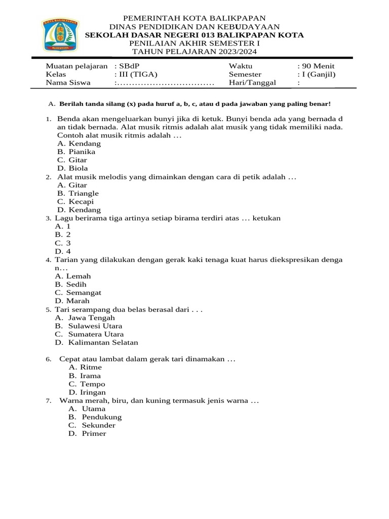 SOAL SBDP Kls 3 PAS GANJIL 2023-2024 | PDF