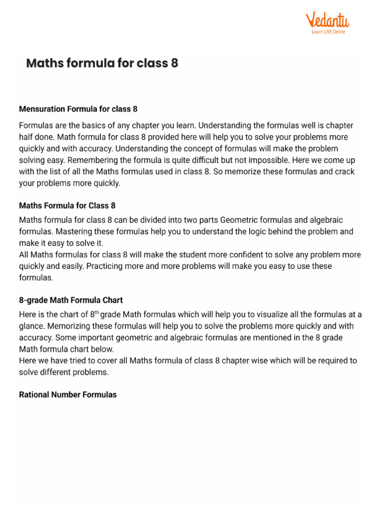Maths Formula For Class 8 | PDF