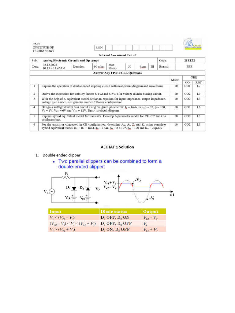 IAT-I Question Paper With Solution of 21EE32 Analog Electronic Circuits ...