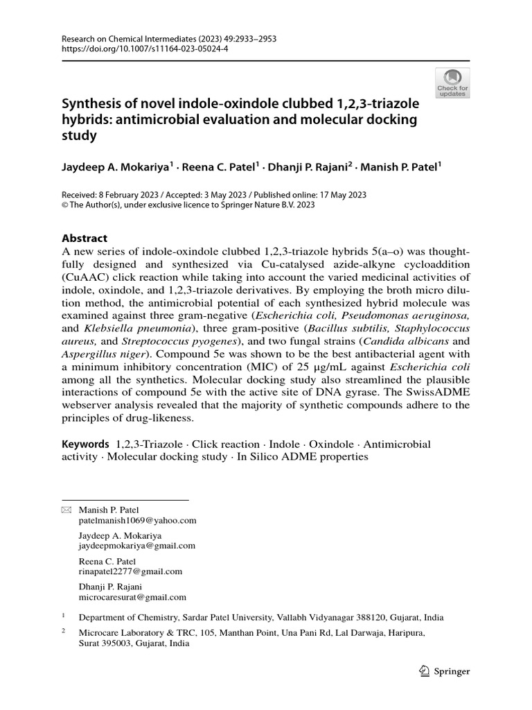 Synthesis of Novel Indole Oxindole Clubbed 1,2,3 Triazole Hybrids: Antimicrobial Evaluation and ...