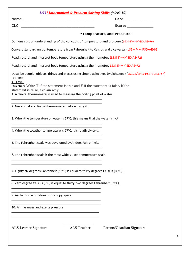 Worksheets LS3 - Temperature and Pressure | PDF