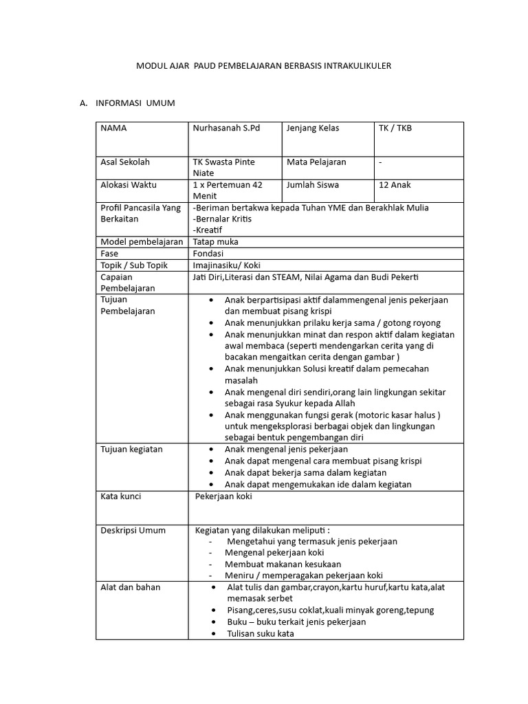 Modul Ajar Observasi PMM Topik Koki | PDF