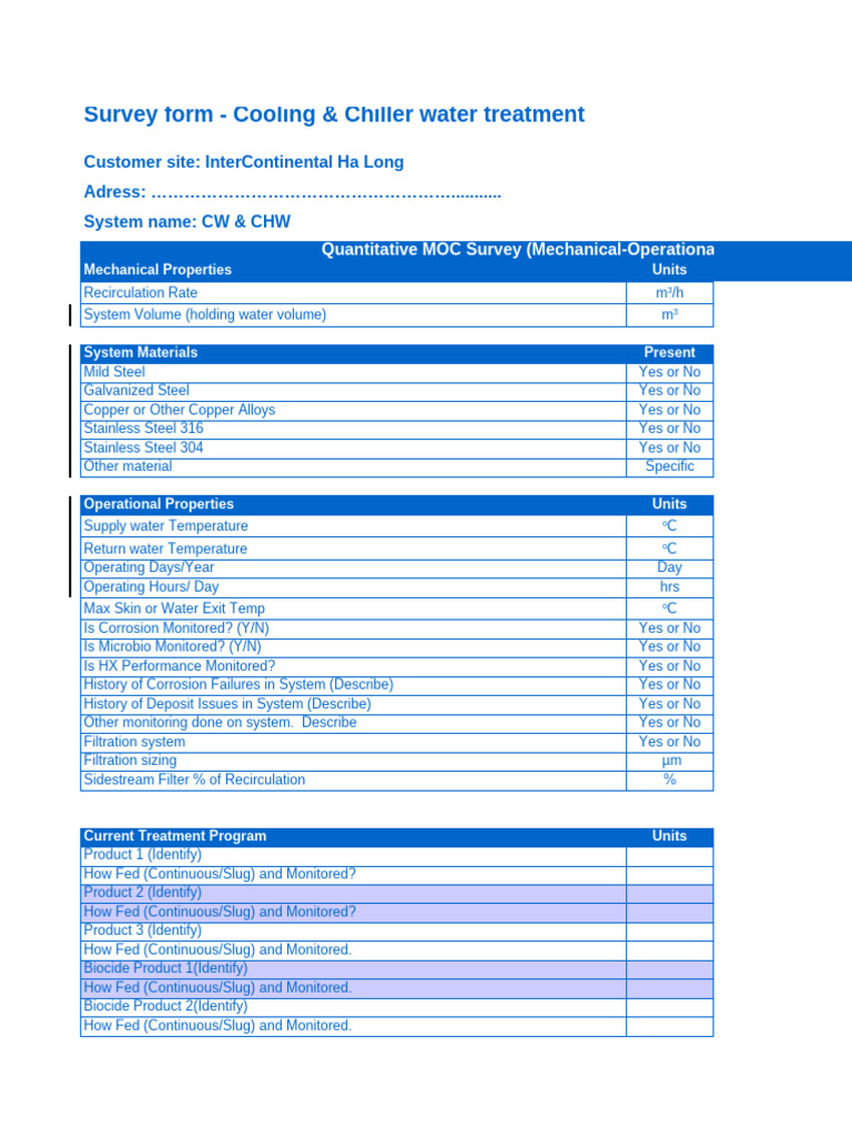 Cooling Chiller Water - Survey Form - Intercontinental Ha Long | PDF