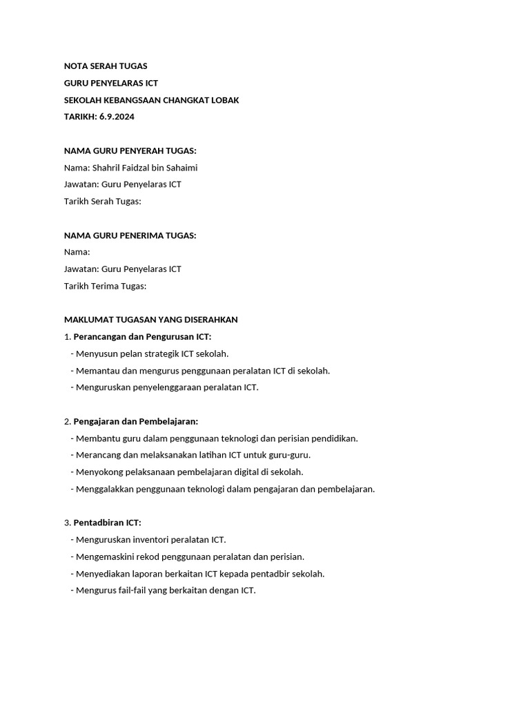 Nota Serah Tugas Sebagai Guru Penyelaras Bestari | PDF