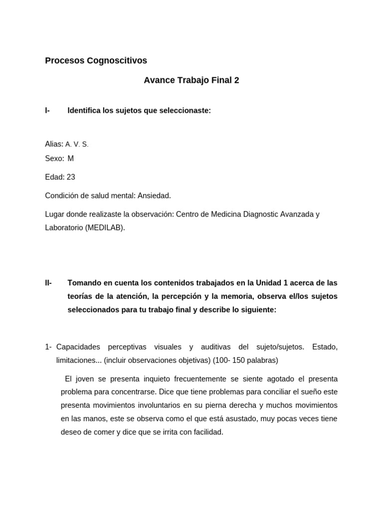 1 Procesos Cognoscitivos Avance 2 Trabajo Final | PDF