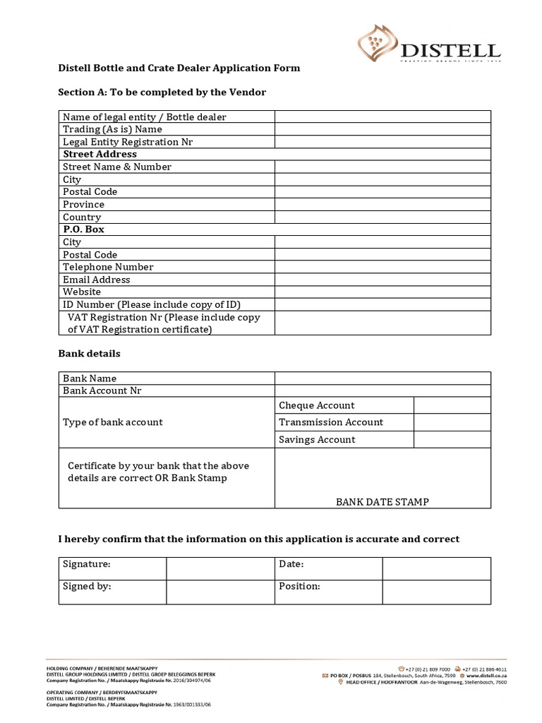 Distell Bottle and Crate Dealer Application Form | PDF