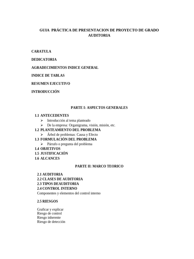 Guia PRACTICA DE PRESENTACION DE PROYECTO DE GRADO AUDITORIA | PDF