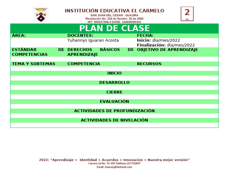 Plantilla Plan de Clase 2° | PDF