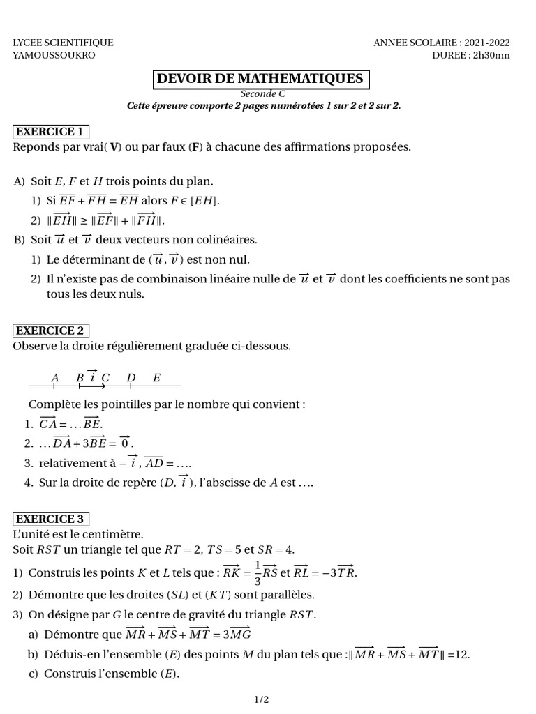 DEVOIR 2ndC Lycée Scientifique Yamoussoukro | PDF