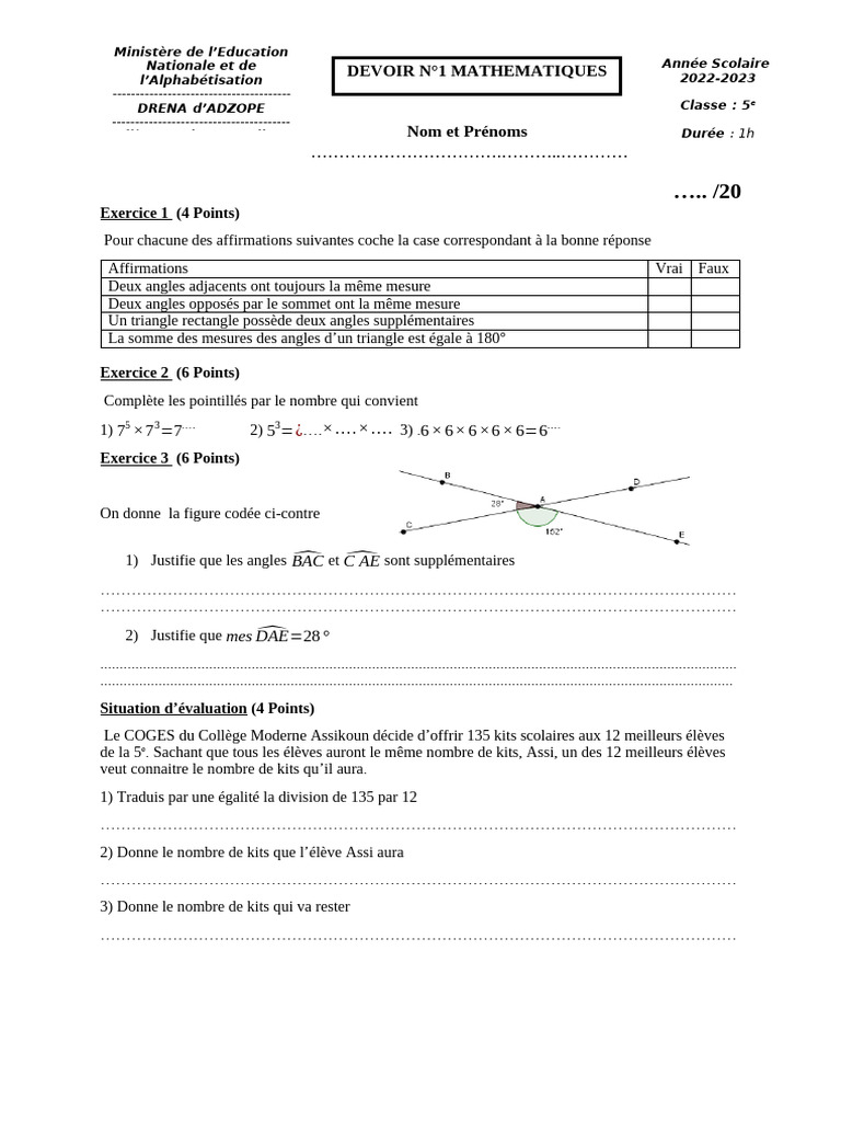 DEVOIR N°1 - 5e - MATHS - 22-23 | PDF