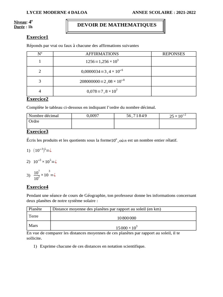DEVOIR 4e -nombres decimaux relatifs | PDF