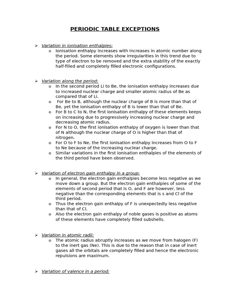 Periodic Table Exceptions | PDF