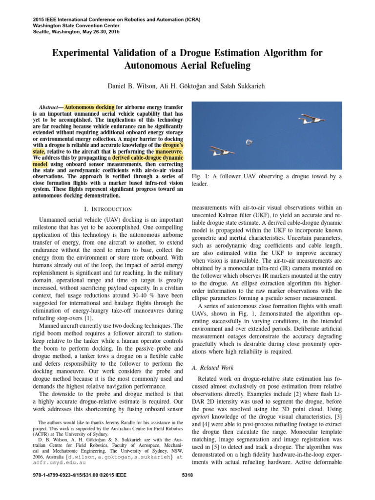 Experimental Validation Of A Drogue Estimation Algorithm For Autonomous Aerial Refueling Pdf