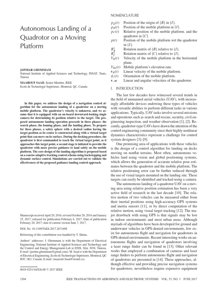 Autonomous Landing of A Quadrotor On A Moving Platform | PDF