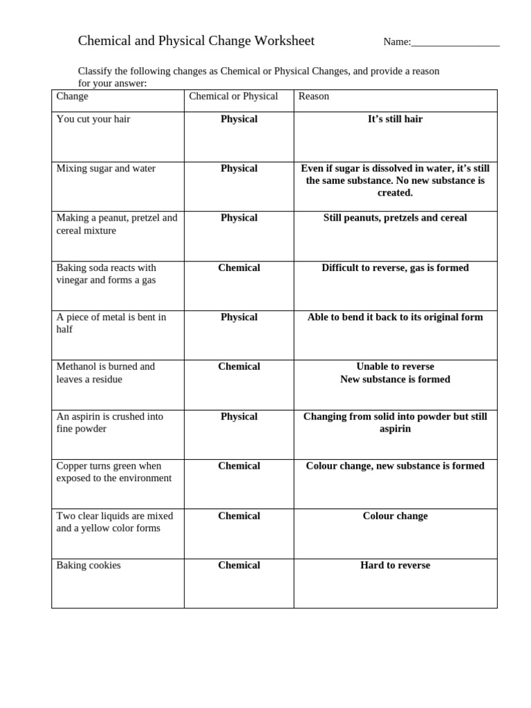 Chem and Phys Change Wkst-Answers | PDF