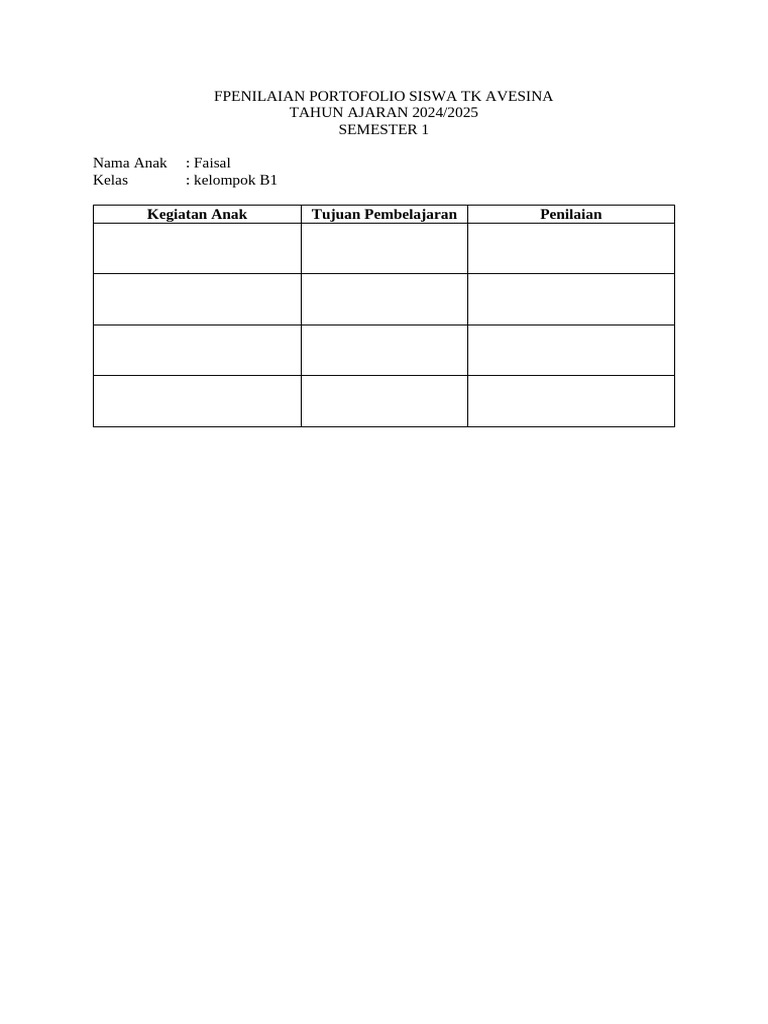 Format Penilaian Portofolio Siswa TK Avesina | PDF