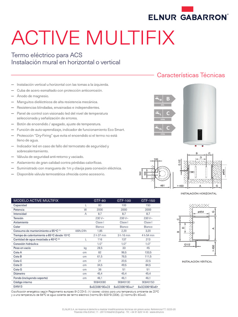 Ficha Tecnica ACTIVE MULTIFIX GTF Termo Electrico Agua Caliente Sanitaria Instalacion Horizontal ...