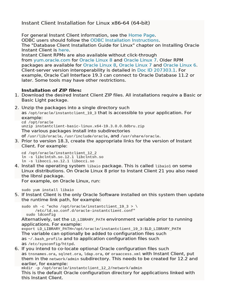 Instant Client Installation For Linux x86 - 2024 | PDF