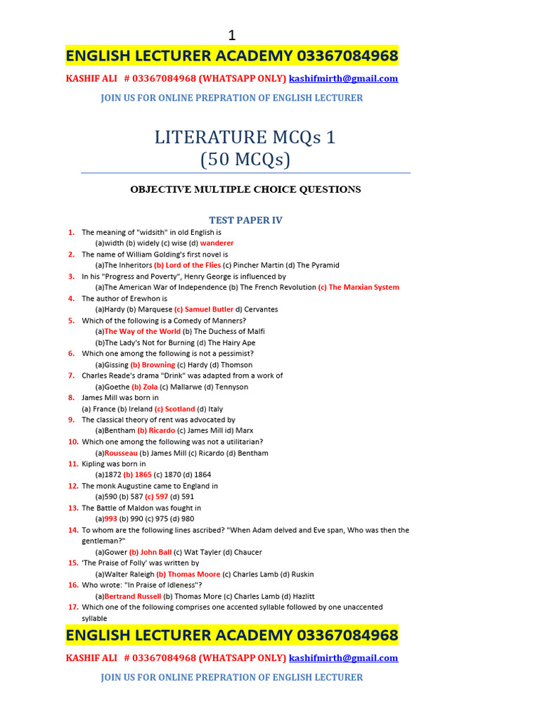 English Literature Mcqs | PDF