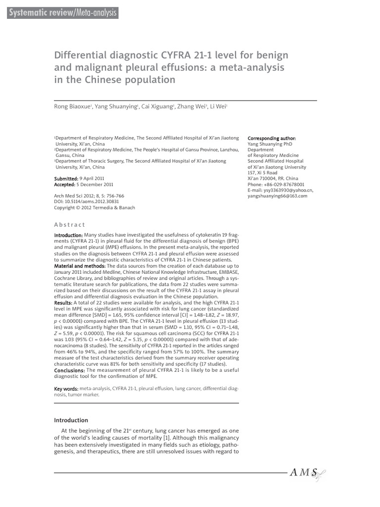 4 - Differential Diagnostic CYFRA 21-1 Level For Benign and Malignant ...