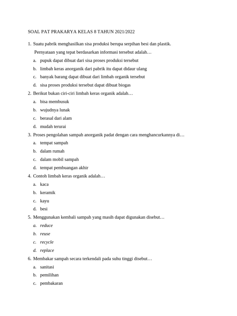 Soal Pat Prakarya Kelas 8 Tahun 2024 | PDF