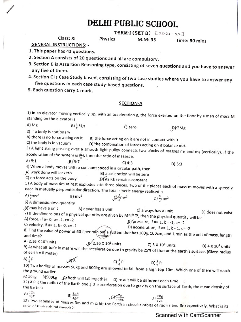 Class 11 1st Term Phy. Q.P. 2021-22 | PDF