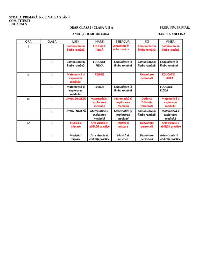 Orar CL CP I, 2022-2023 | PDF