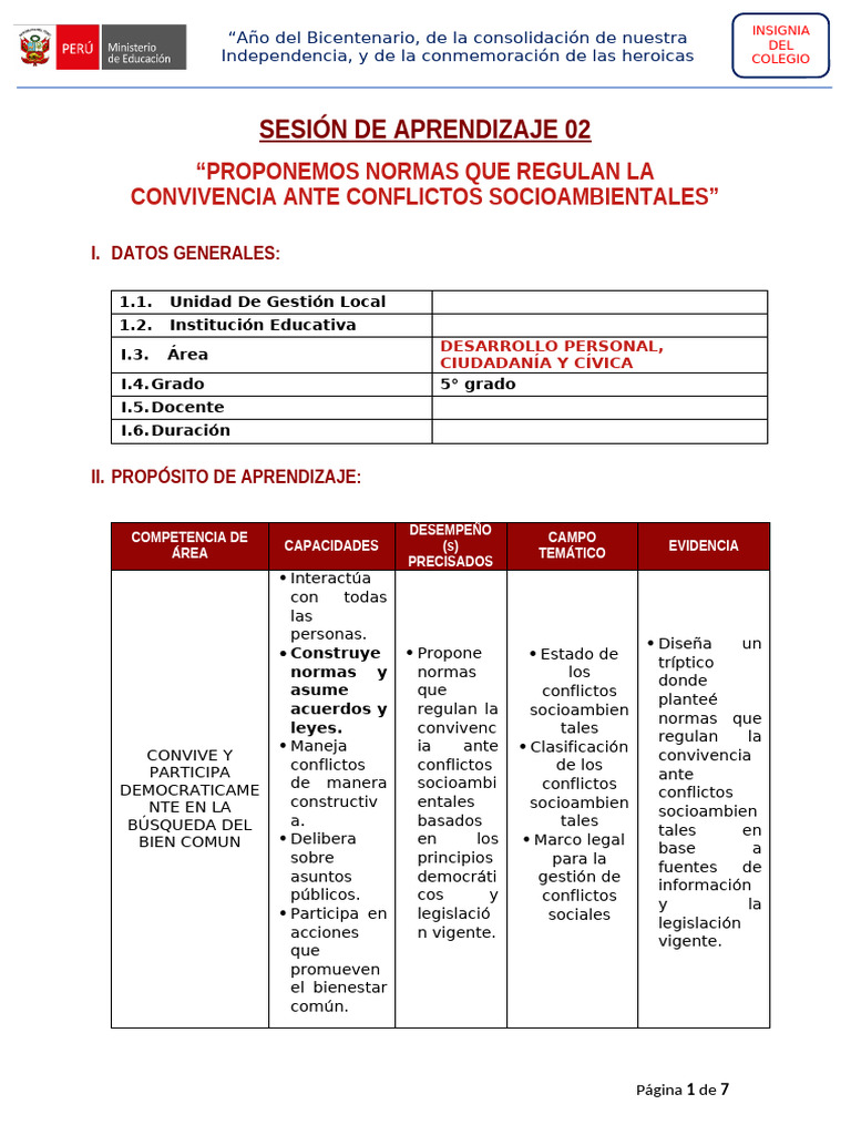 DPCC 5° - Sesión de Aprendizaje 02 | PDF