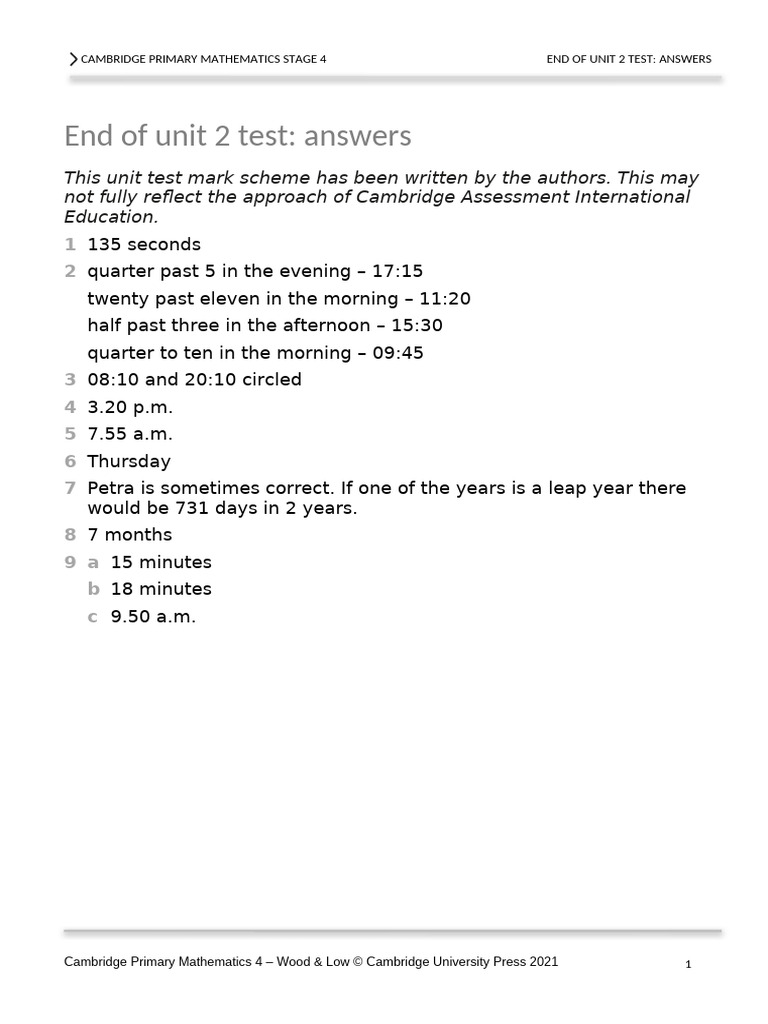 Prim Maths 4 2ed TR Unit Test Answers 2 | PDF