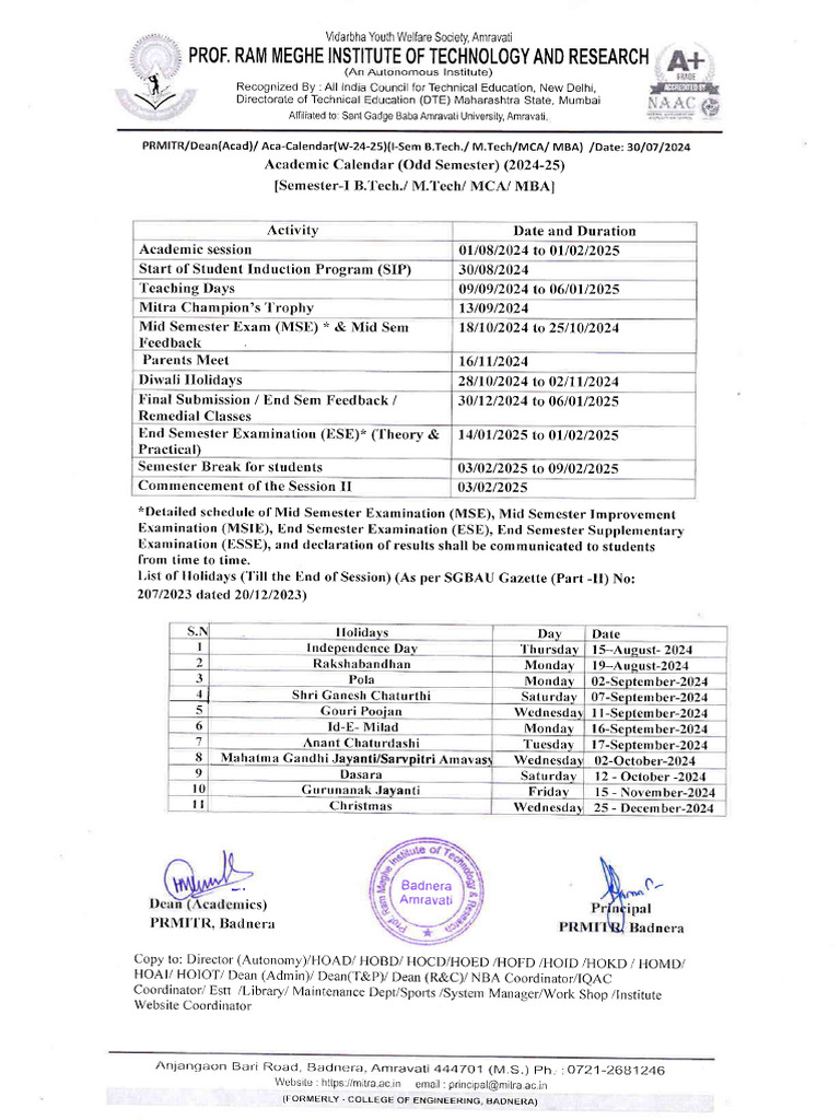 Acad Calendar Sem-I BTech Mtech MBA-MCA (Odd Sem) (2024-25) | PDF