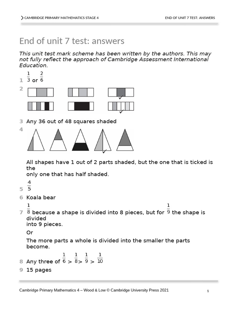 Prim Maths 4 2ed TR Unit Test Answers 7 | PDF