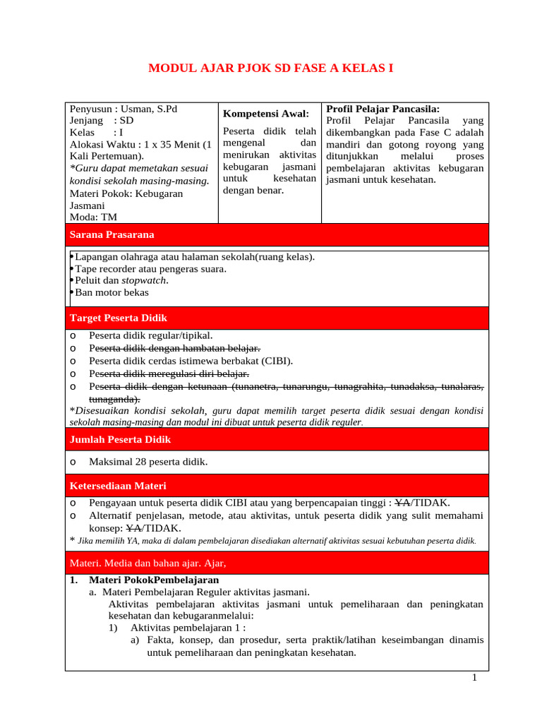 Usman Modul Ajar Pjok SD Fase A Kelas I - Samsul Kamal | PDF